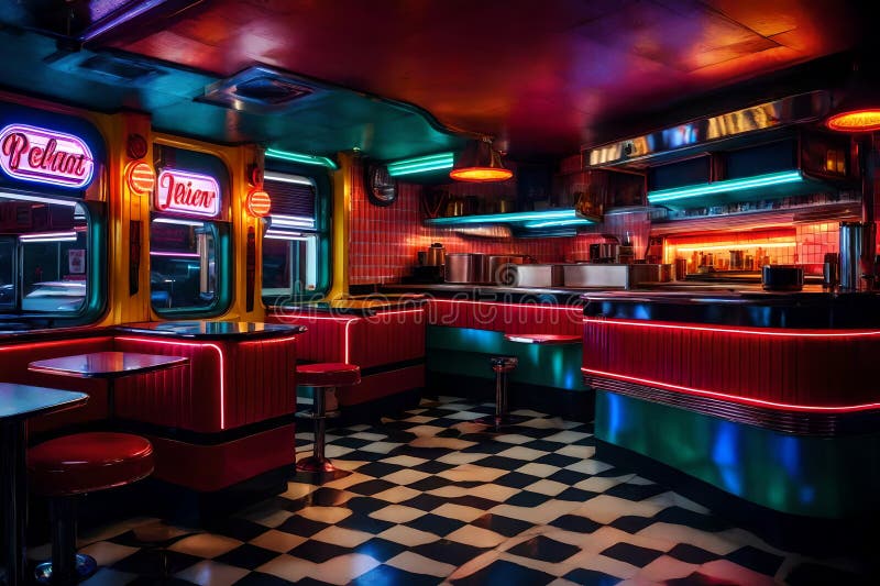 A Vintage Cafe Featuring a Neon Sign and a Checkerboard Floor. Stock ...