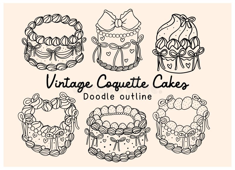 Vintage Cake Coquette Bow Doodle Retro Set Hand Drawn Outline Cake ...