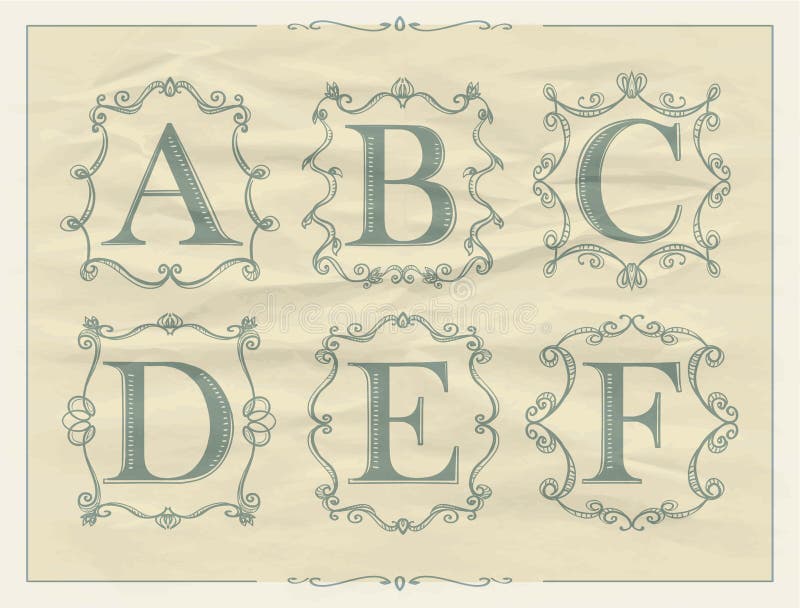 Vintage Calligraphic Letters in Monogram Retro Frames, Alphabet Logos ...