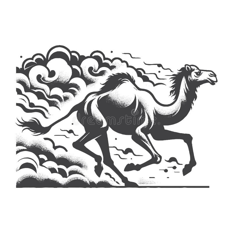 Vintage Camel Running with Dust Engraved Illustration for Wildlife ...
