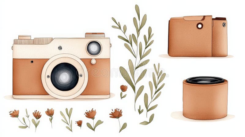 Vintage Camera and Accessories with Floral Elements in Soft Color ...