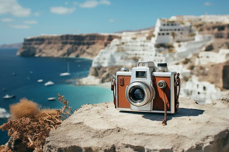 Vintage Camera Adventures in Santorini. Generative by Ai Stock ...
