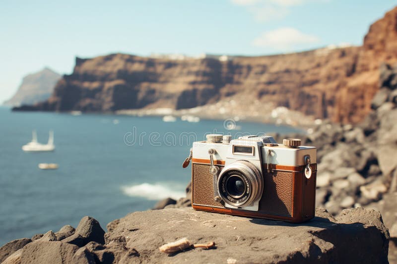 Vintage Camera Adventures in Santorini. Generative by Ai Stock ...