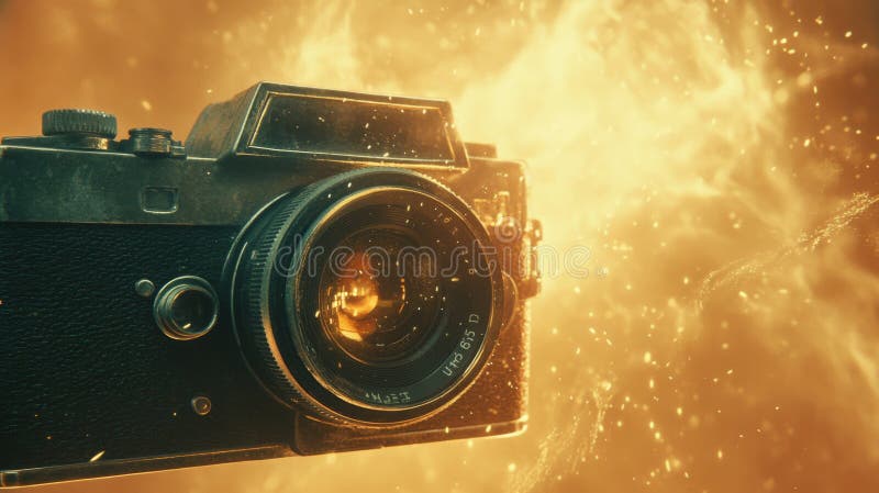 Vintage Camera Amidst Golden Dust and Fire Stock Illustration ...
