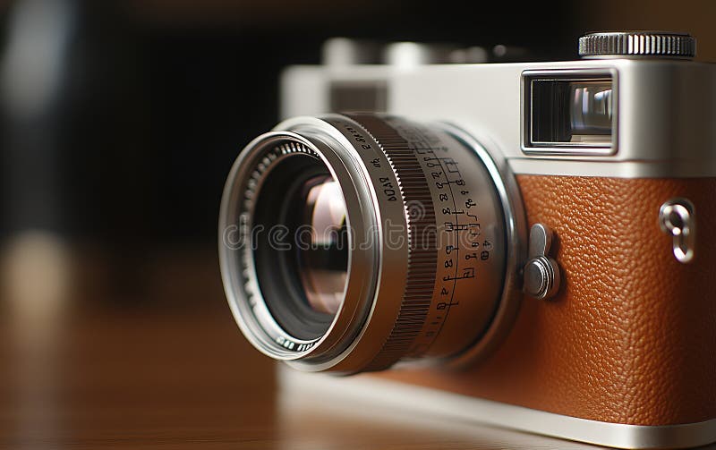Vintage Camera with Brown Leather Detailing on Wooden Table Stock Photo ...