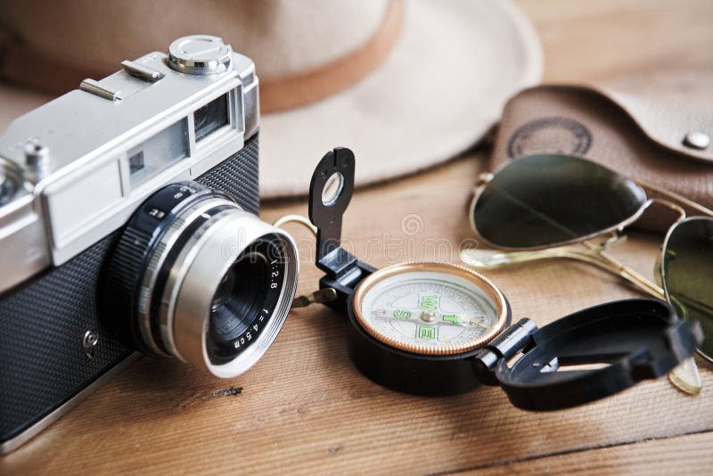 Vintage Camera, Compass, Sunglasses and Hat. Stock Image - Image of ...