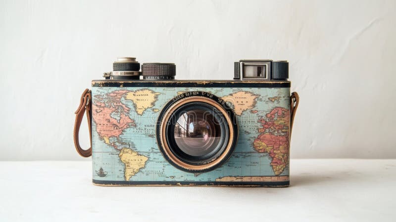 Vintage Camera Designed with a World Map Illustrating Wanderlust Stock ...