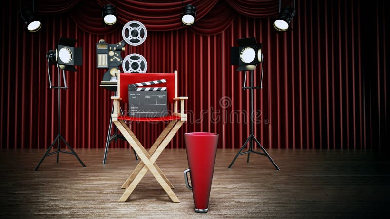 Vintage Camera, Director S Chair, Clapperboard and Horn in Studio. 3D ...
