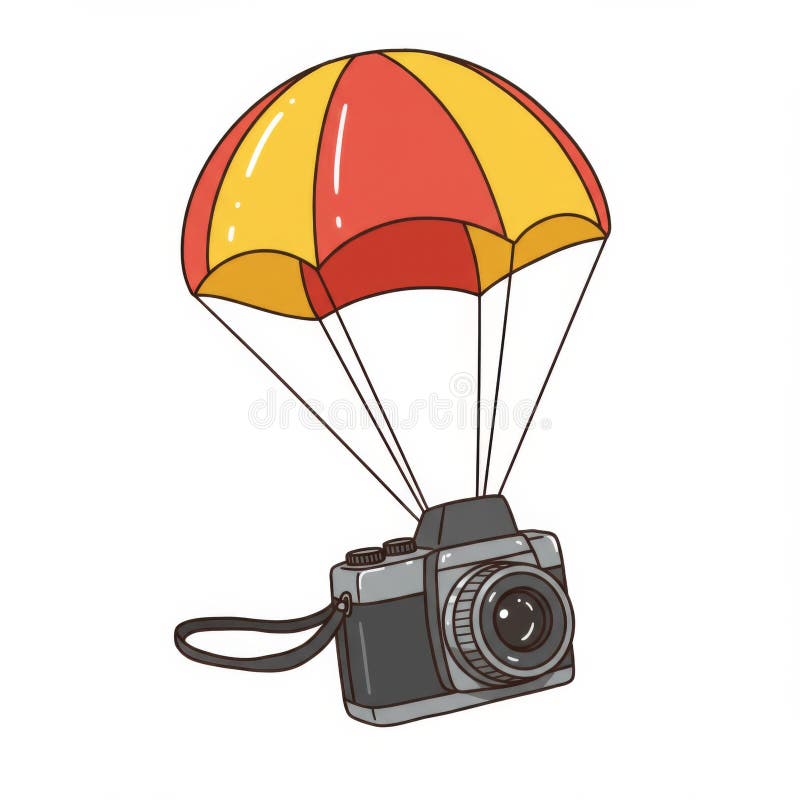 Vintage Camera Falling with Red and Yellow Parachute Stock Illustration ...