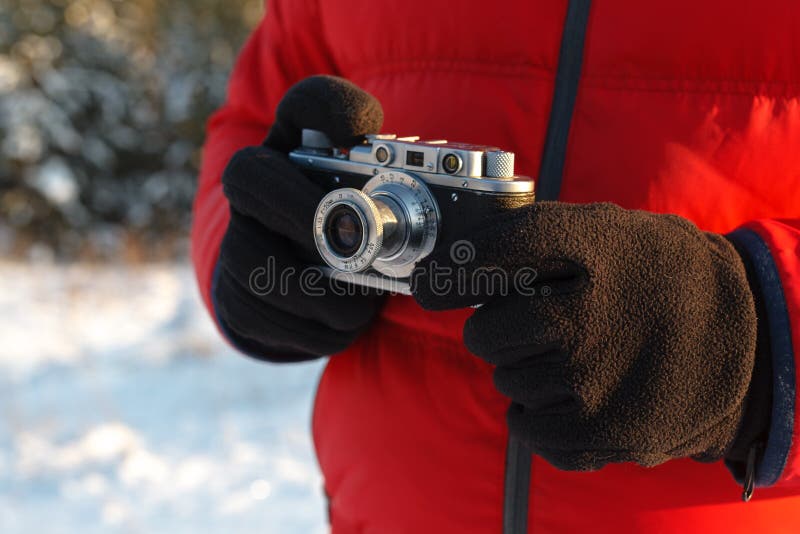 Vintage Camera in Hand, Outdoor Winter with Sky Stock Image - Image of ...