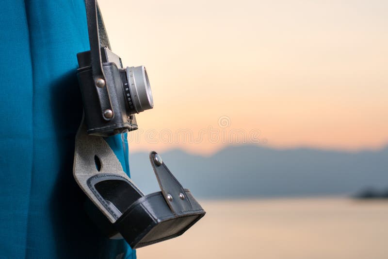 Vintage Camera Hanging from Womans Shoulder Stock Image - Image of ...