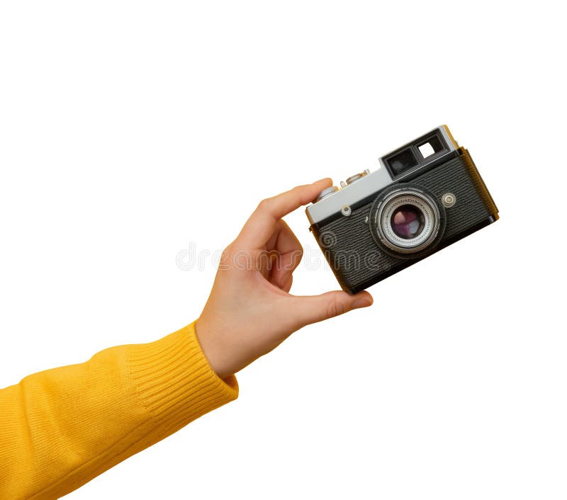 Vintage Camera Held in Hand on White Background Stock Illustration ...