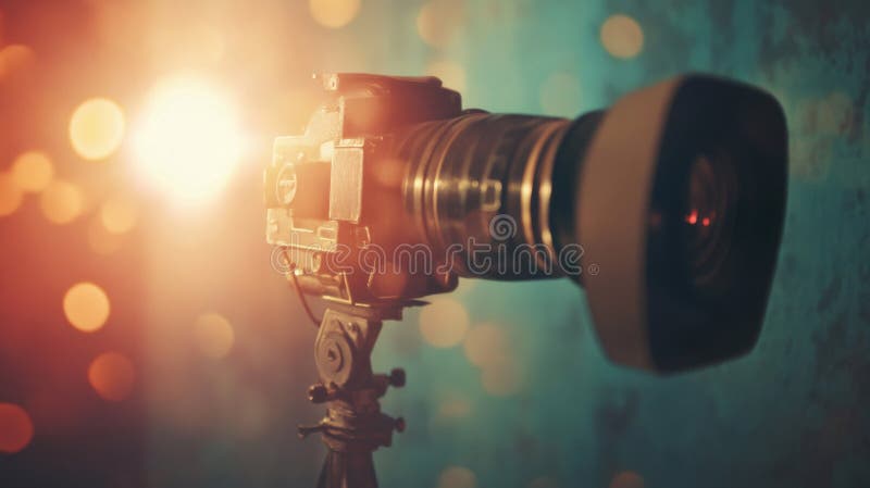 Vintage Camera with Large Lens and Bokeh Lights Stock Illustration ...