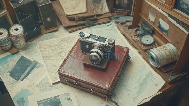 Vintage Camera on Leather Case with Old Maps and Papers Stock ...