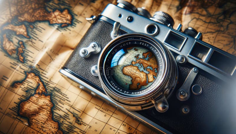 A camera on the world stock illustration. Illustration of brown - 308726326