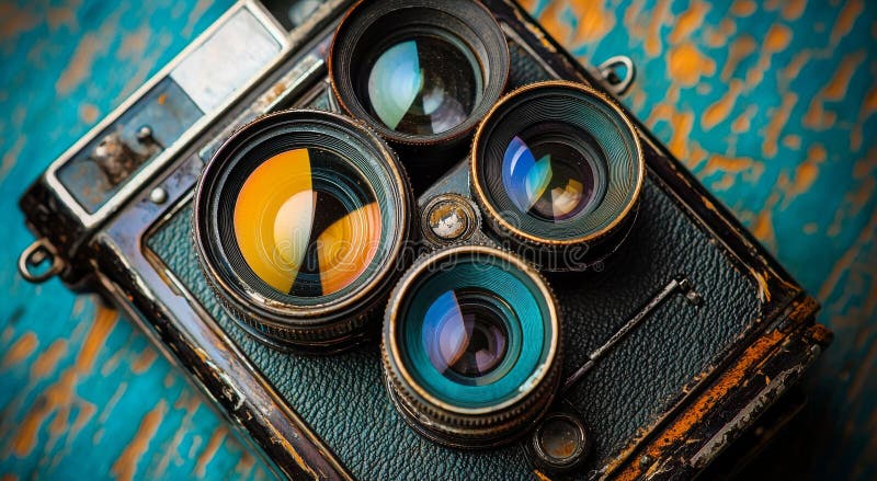 A Vintage Camera with Lenses in Three Different Hues, Displayed on a ...
