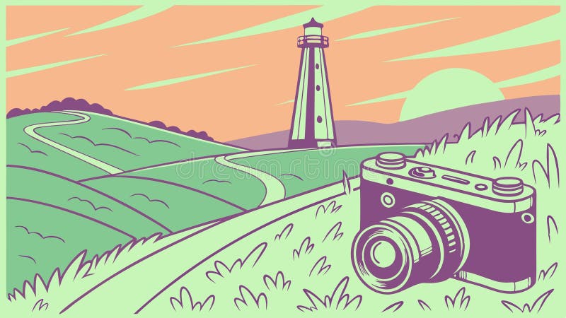 Vintage Camera and Lighthouse on Coastal Road, Vector Design Generative ...