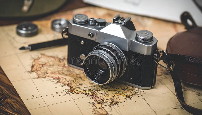 Vintage Camera on Map, Ready for Adventure Stock Illustration ...