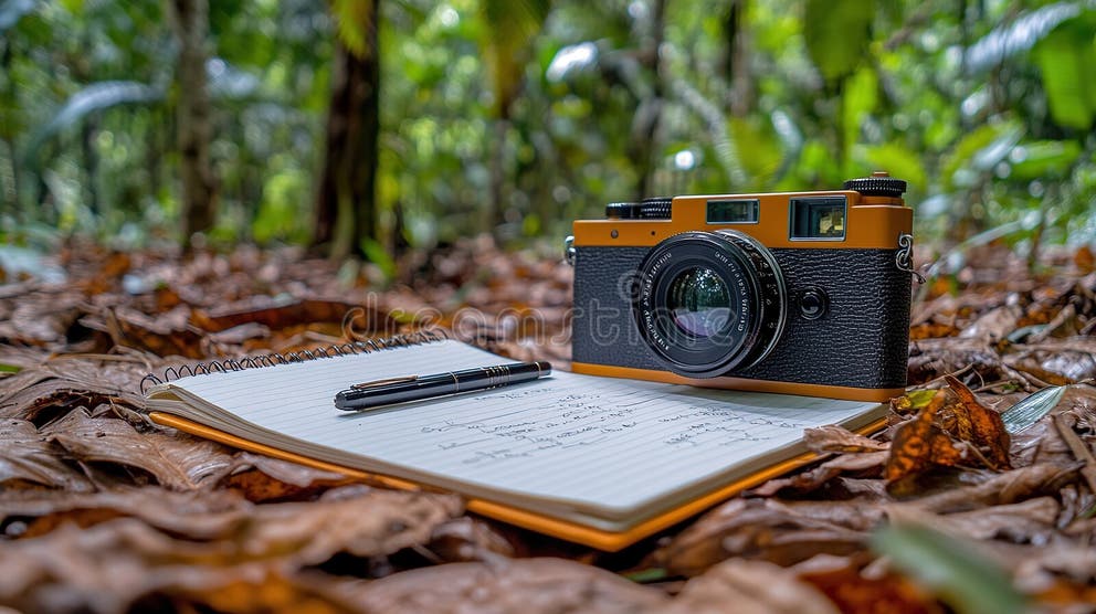 Vintage Camera, Notebook, and Pen in a Tropical Forest Stock ...