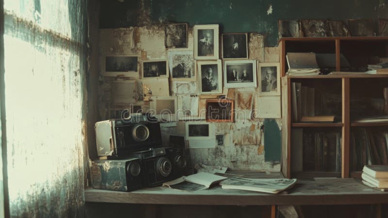 Vintage Camera and Old Photographs on a Dusty Desk Stock Illustration ...