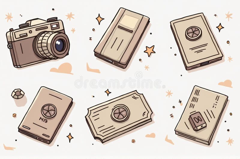 Vintage Camera and Paper Items with Stars and Clouds Illustration Stock ...