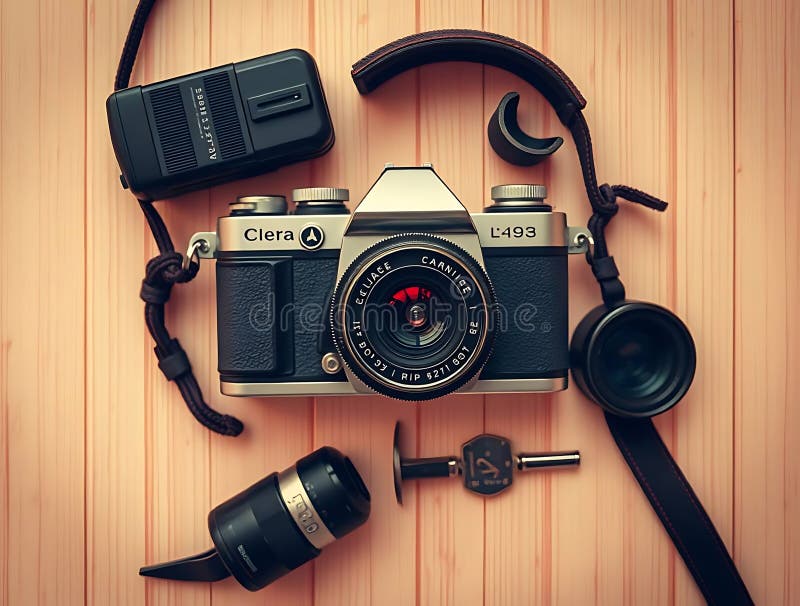 Vintage Camera Parts on Wooden Surface Stock Illustration ...