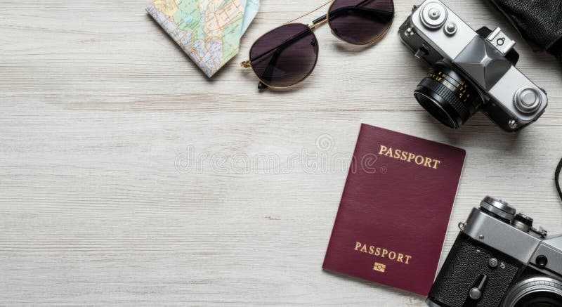 Vintage Camera and Passport on Wooden Table with Sunglasses and Map ...