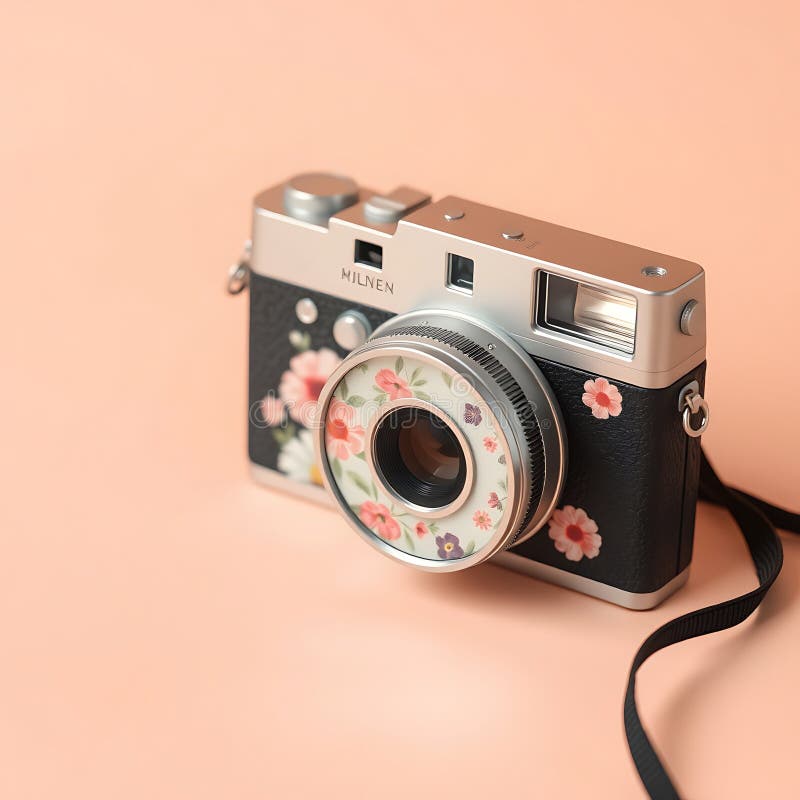 A Vintage Camera with a Pastel Floral Design on a Soft Peach Background ...