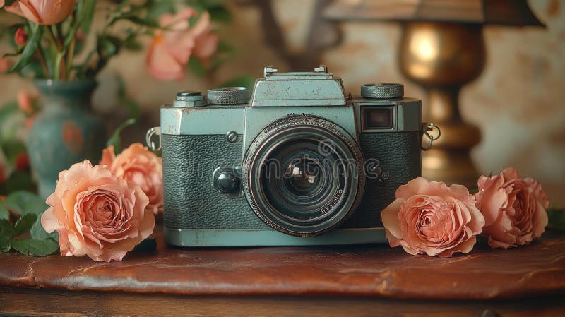 Vintage Camera with Pink Roses – Generative AI Stock Illustration ...