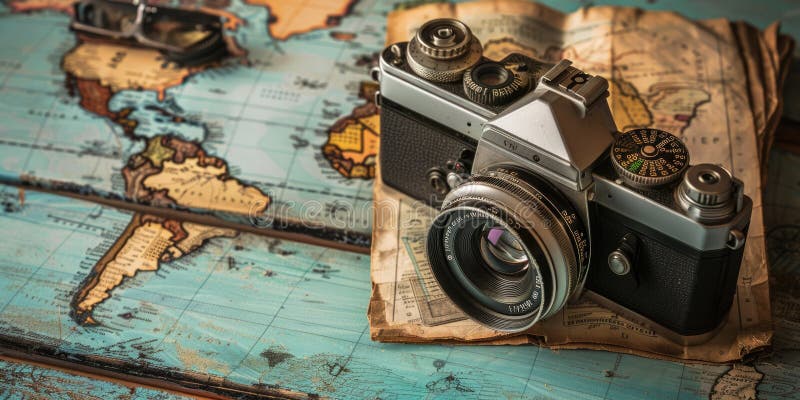 A Vintage Camera is Placed on a Map, Surrounded by Various Travel ...