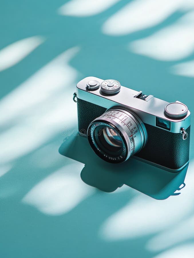 Vintage Camera Resting on a Teal Surface with Playful Shadows ...