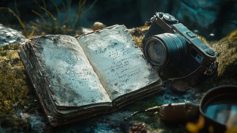 A Vintage Camera Rests beside an Ancient Book on a Mossy Surface. this ...