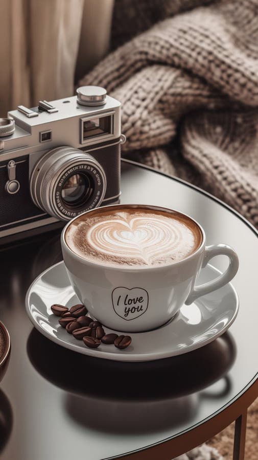 A Vintage Camera Rests beside a Cup of Coffee with Latte Art Stock ...