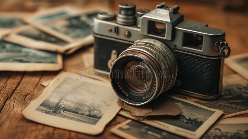 A Vintage Camera Rests on Top of a Stack of Old Photographs Stock Image ...