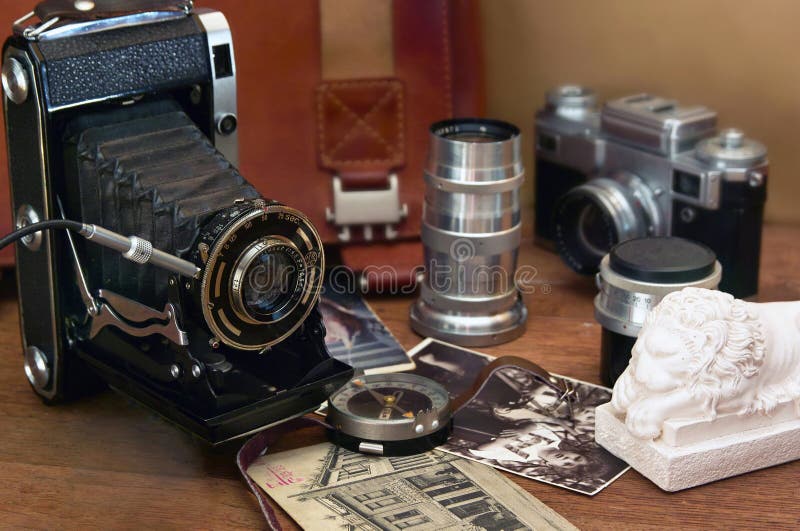Vintage Camera and Retro Items Stock Photo - Image of board, postcards ...
