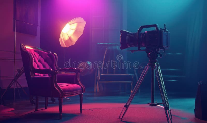Vintage Camera Setup with Elegant Chair and Dramatic Lighting in Studio ...