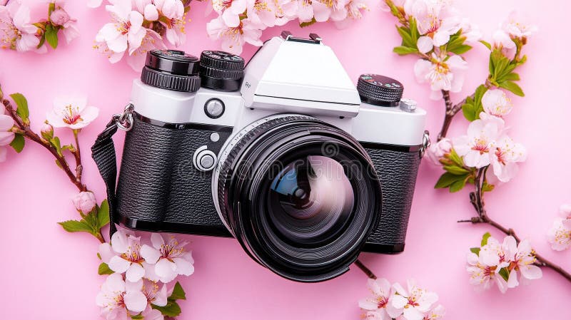 Vintage Camera Spring Blossom Pink Background Photography Stock Image ...