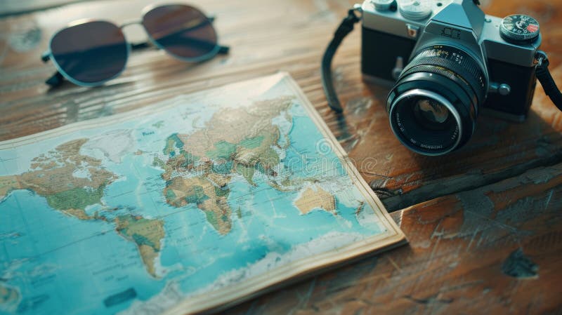 A Vintage Camera, Sunglasses, and a World Map Lie Ready for a New ...