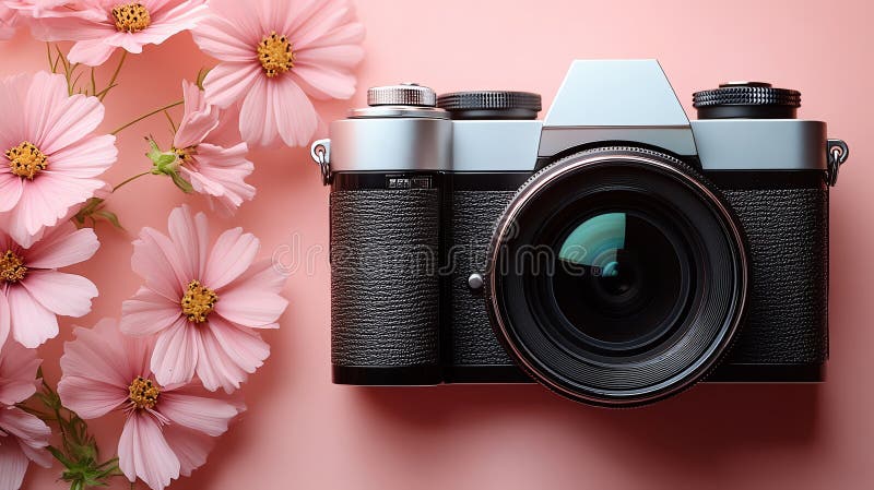 A Vintage Camera Surrounded by Pink Flowers on a Soft Pastel Surface ...