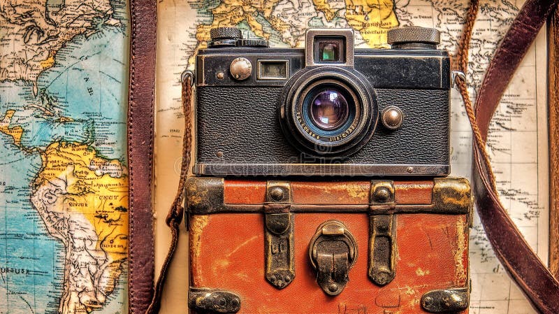 Vintage Camera, Travel Trunk, World Map, Adventure Planning Stock Photo ...