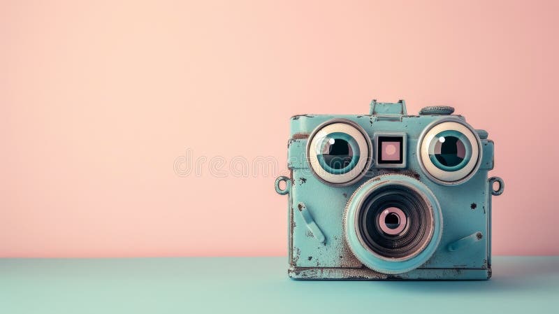 Vintage Camera with Whimsical Expression on Pastel Background Stock ...