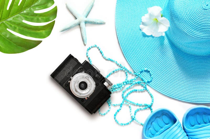 Vintage Camera on White Surface with Beach Items, Top View Stock Image ...