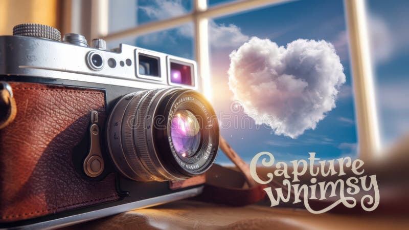 Vintage Camera on a Windowsill with a Heart-shaped Cloud in the Sky and ...