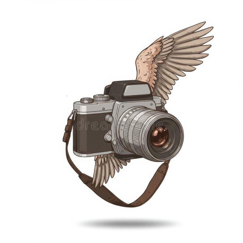 Vintage Camera with Wings in Flight Stock Illustration - Illustration ...