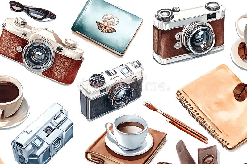 Vintage Cameras, Coffee, Notebooks, and Glasses Stock Illustration ...