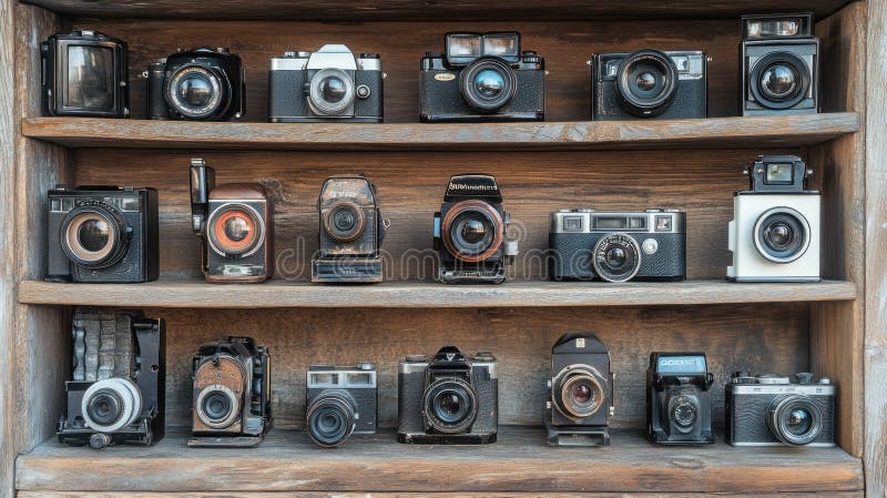 Vintage Cameras Displayed on Wooden Shelves Stock Illustration ...