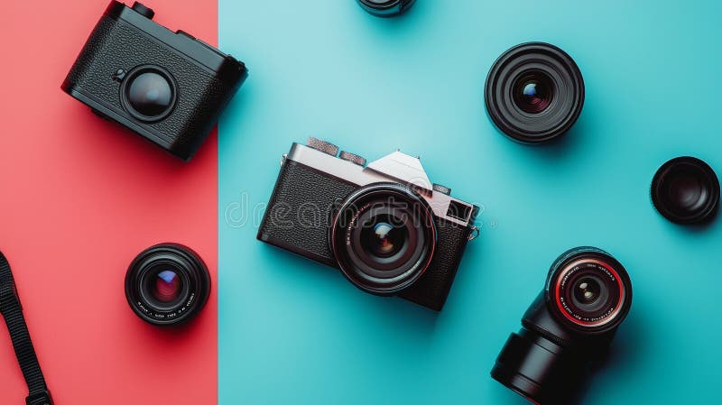 Vintage Cameras and Lenses on Vibrant Split Background Stock Photo ...