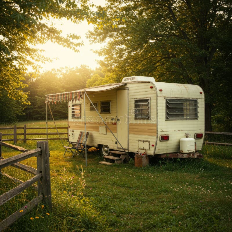 Vintage Camper Trailer Parked in a Sunny Field Stock Illustration ...
