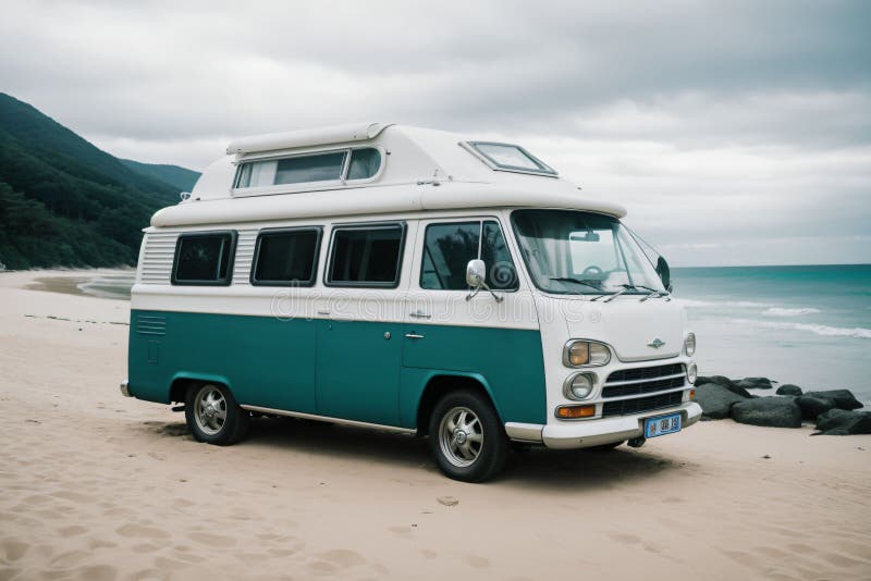 A Vintage Camper Van Parked by the Beach Stock Illustration ...