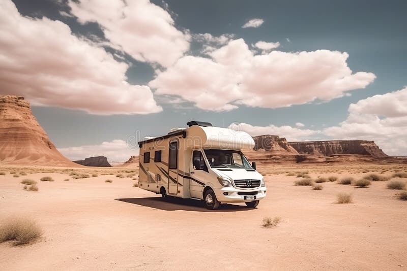 Vintage Camper Van on the Road in the Mountains at Sunset. Generative ...